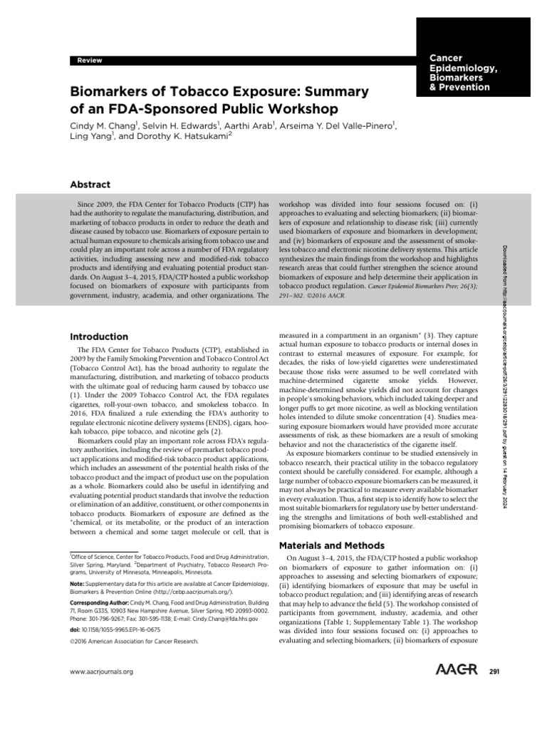Biomarkers of Tobacco Exposure: Summary of An FDA-Sponsored Public Workshop | PDF