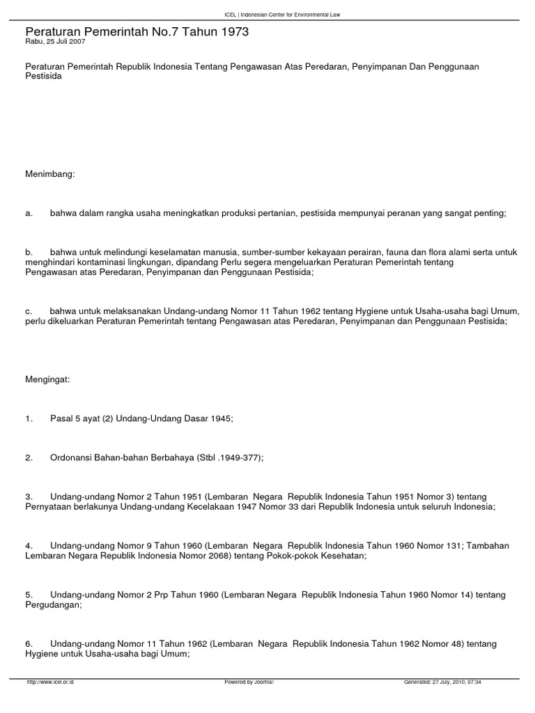 PP 7 Tahun 1973 Pestisida | PDF