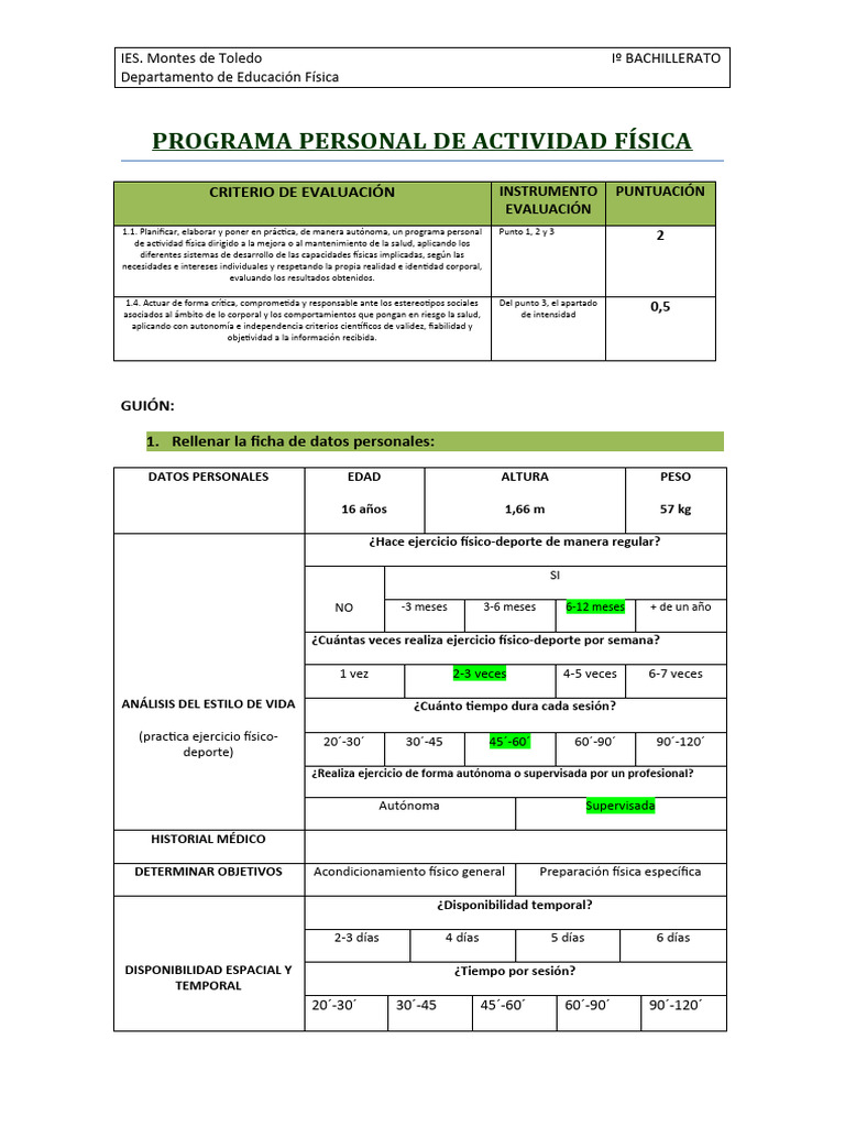 Programa Personal de Actividad Física | PDF | Ejercicio aerobico ...