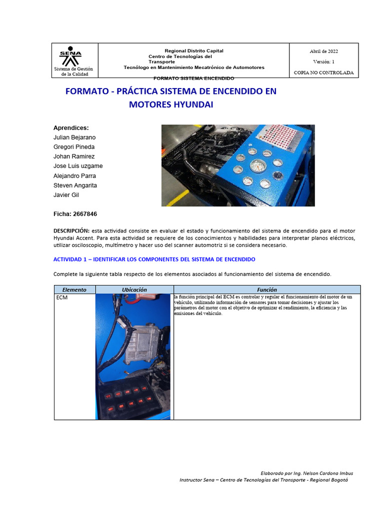 Practica Motor Hyundai Pdf Inyección De Combustible Bienes