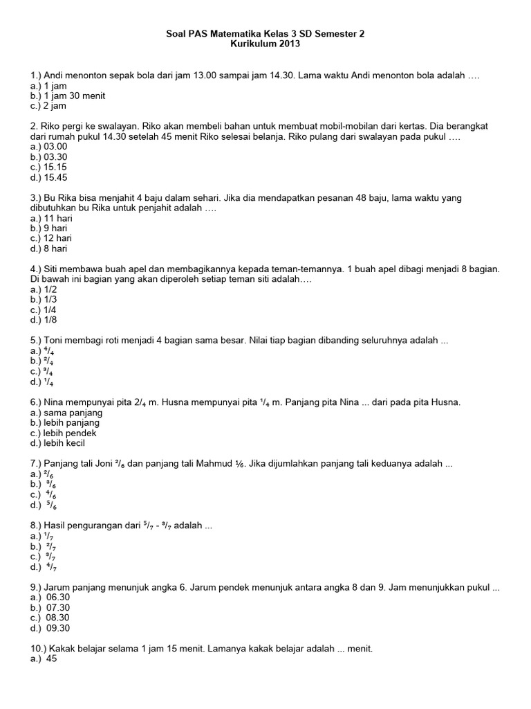Soal PAT Matematika Kelas 3 SD Smt.2 (Kur 2013) | PDF