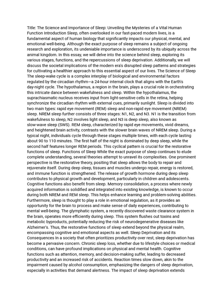 Title - The Science and Importance of Sleep - Unveiling The Mysteries of A Vital Human Function ...