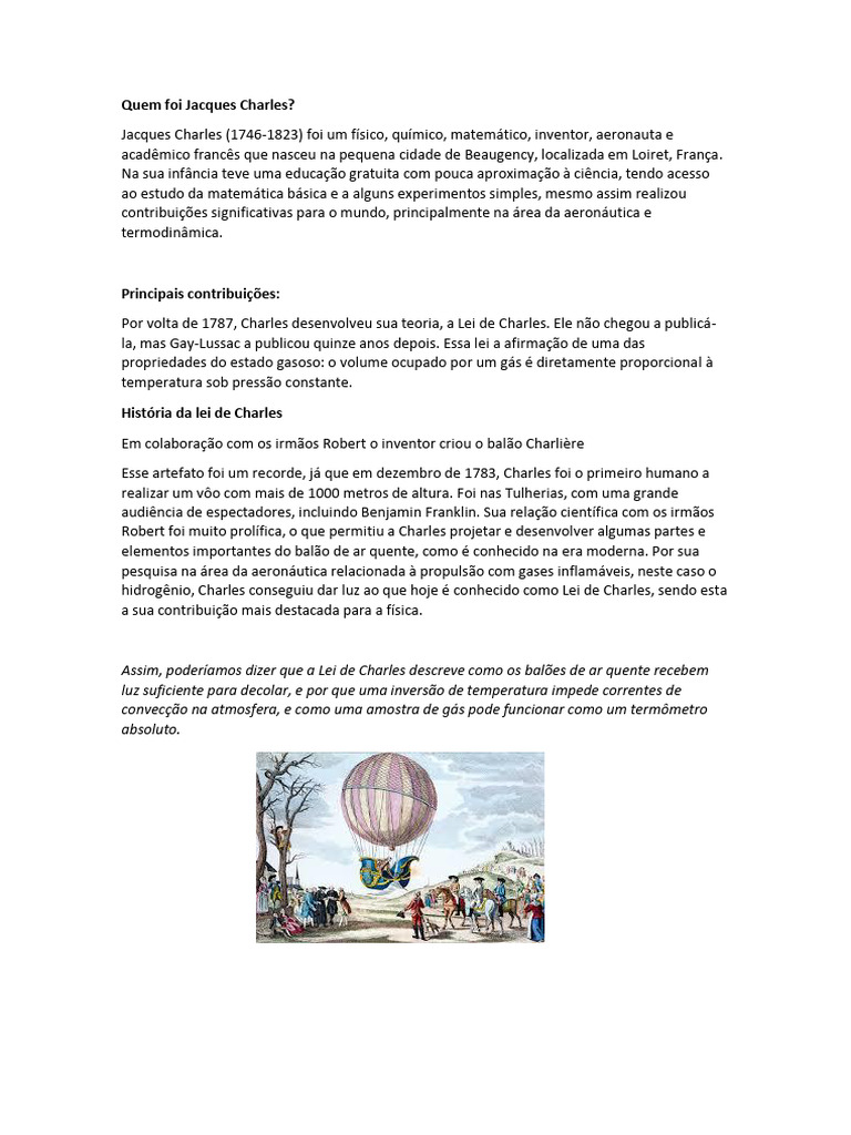 Biografia de Jacques Charles e Contribuições | PDF | Física | Gases