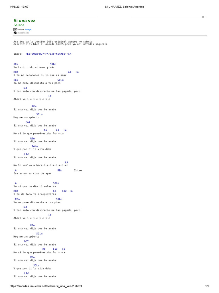 Acordes de "Si Una Vez" de Selena | PDF