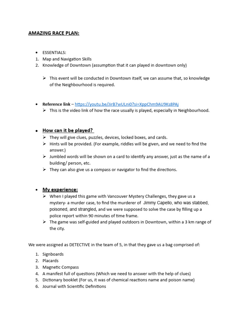 Amazing Race Plan. | PDF