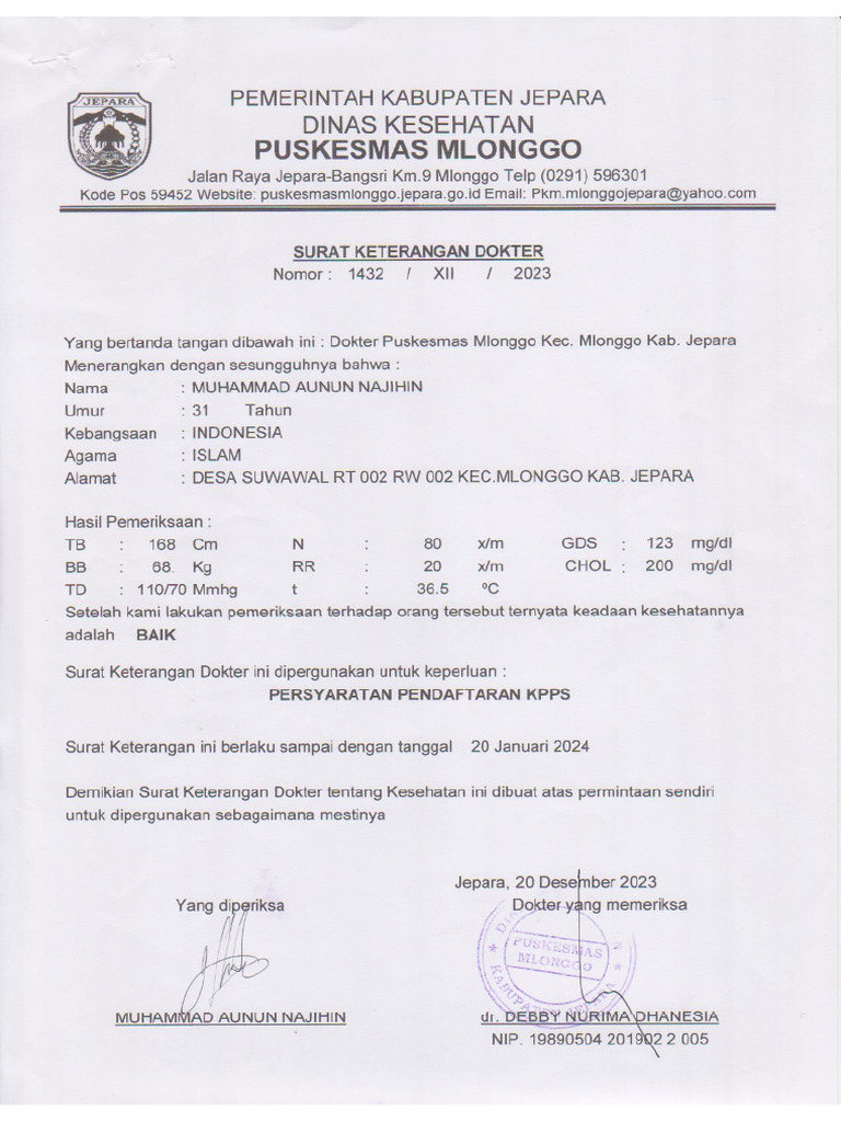 Surat Keterangan Sehat - Muhammad Aunun Najihin - Tps 9 | PDF
