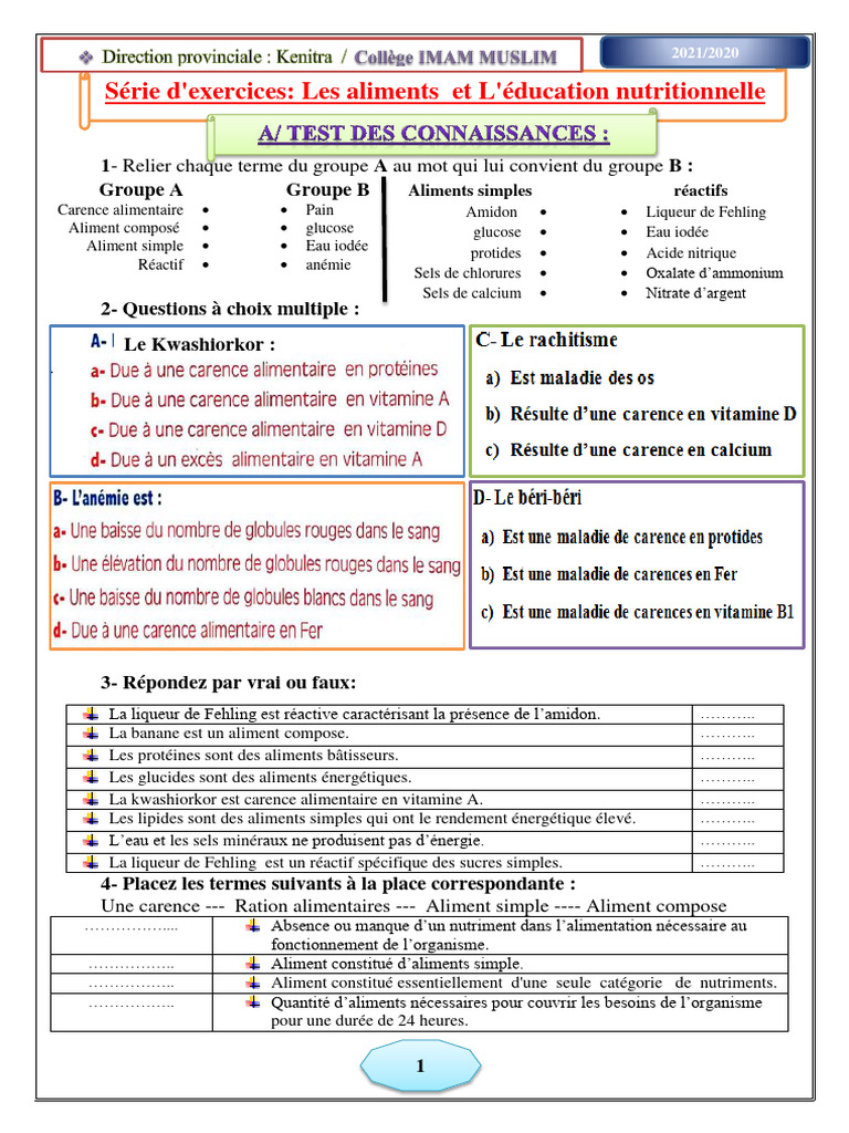 Exercices sur l'alimentation humaine | PDF | Manger | Nutriments