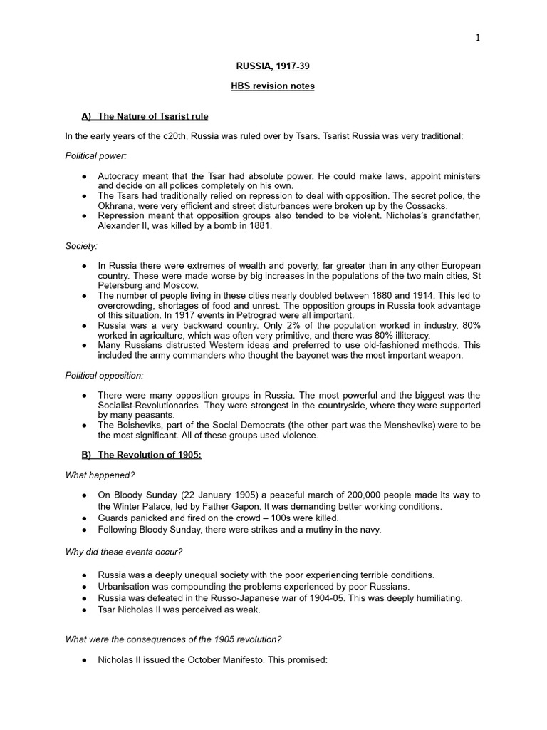 Russia Revision Notes | PDF | Vladimir Lenin | Joseph Stalin