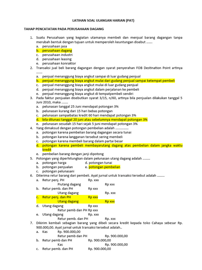 Latihan Soal Ulangan Harian (Pat) Tahap Pencatatan Pada Perusahaan Dagang | PDF