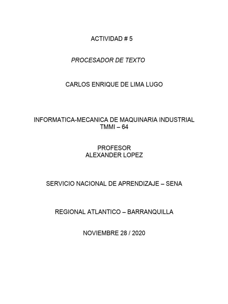 Actividad Semana 5 Procesador de Texto Informatica | PDF