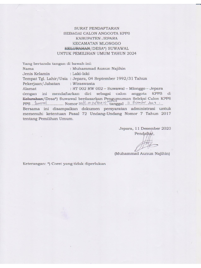Surat Pendaftaran - Muhammad Aunun Najihin - Tps 9 | PDF
