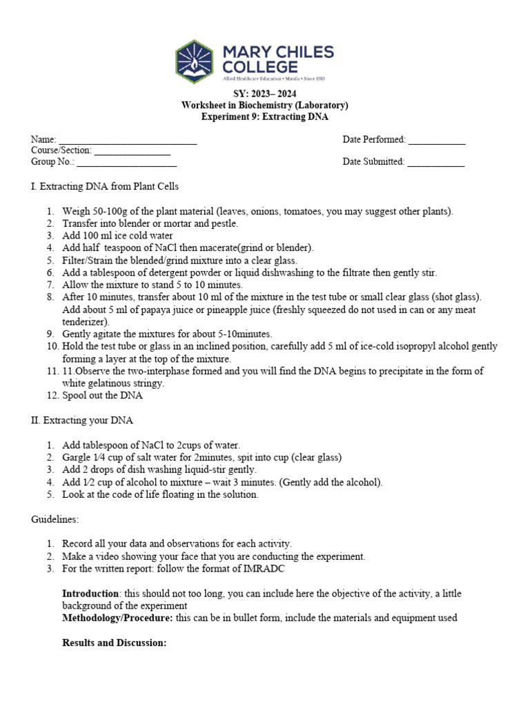 DNA Extraction Lab Worksheet Guide | PDF | Filtration | Chemistry