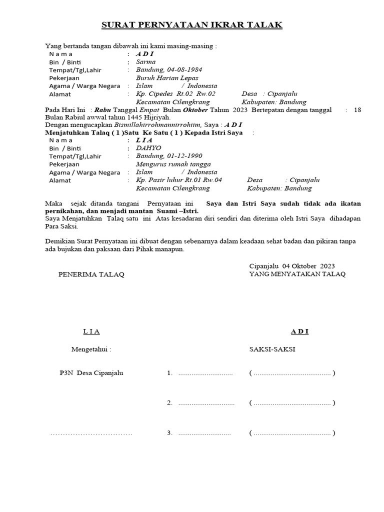 Surat Pernyataan Ikrar Talak | PDF