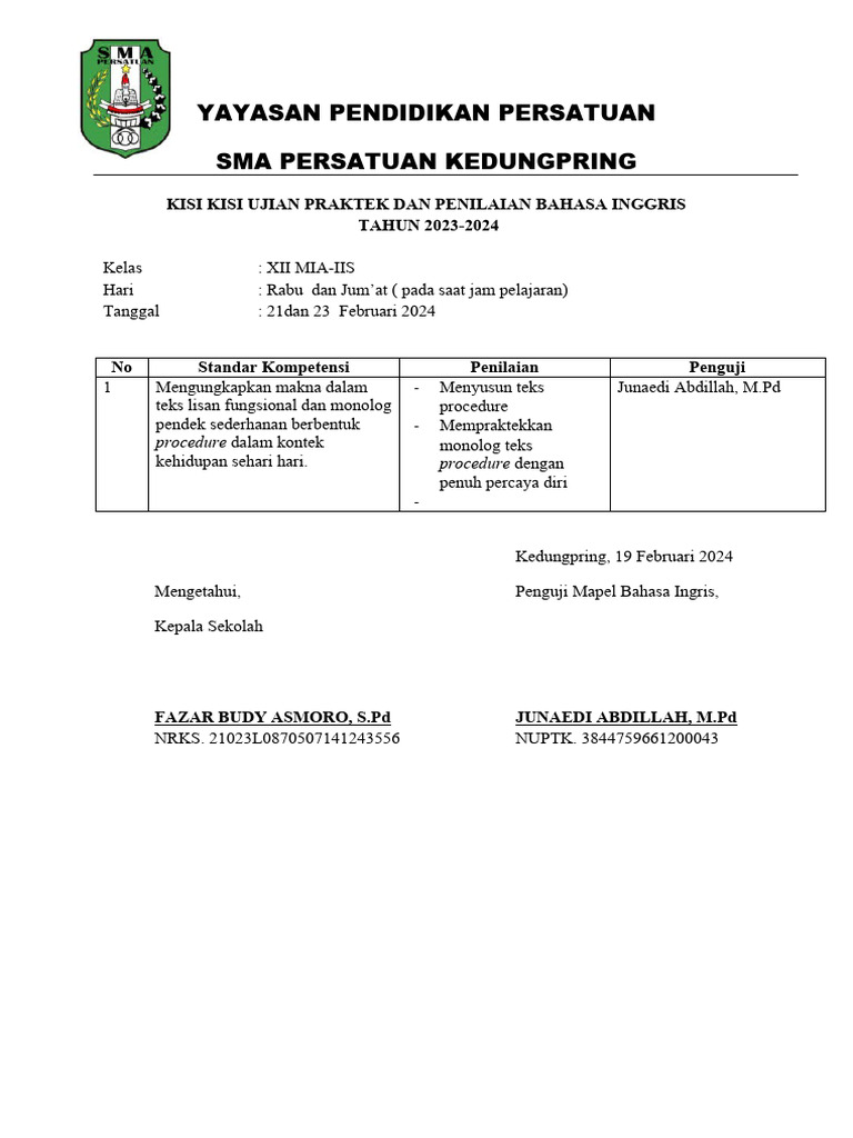 Kisi Kisi Ujian Praktek Bahasa Inggris Th. 2023-2024 | PDF