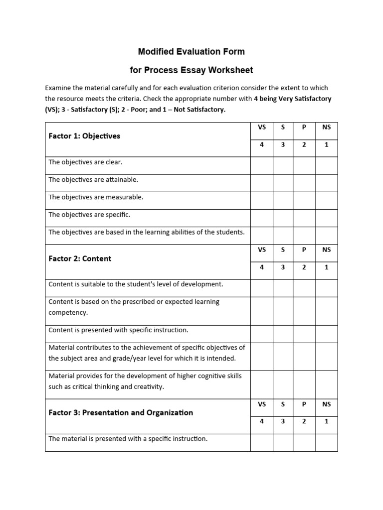 Process Essay Evaluation Criteria Form | PDF