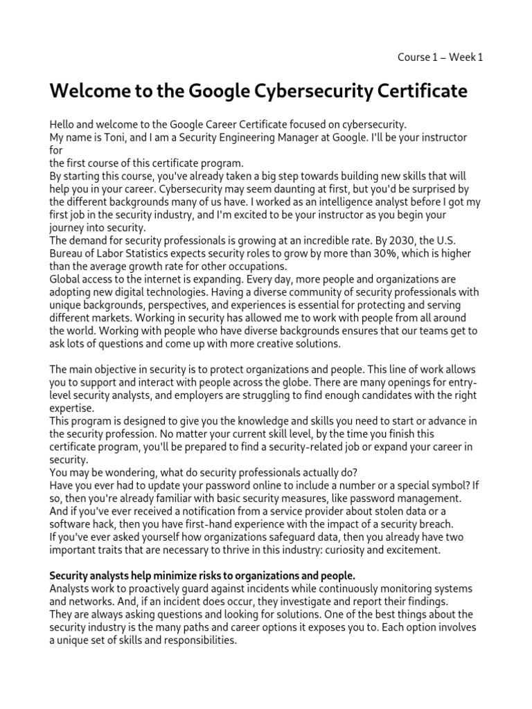 01-Welcome To The Google Cybersecurity Certificate | PDF | Computer ...