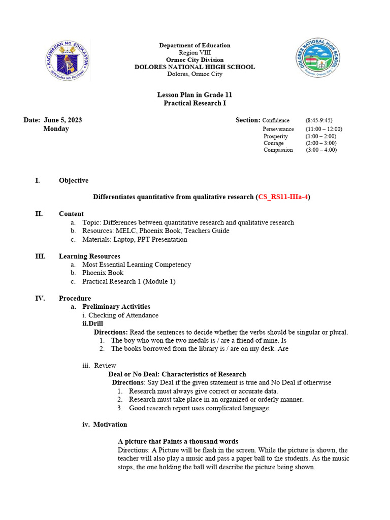 Grade 11 Practical Research Lesson Plan | PDF | Quantitative Research | Qualitative Research