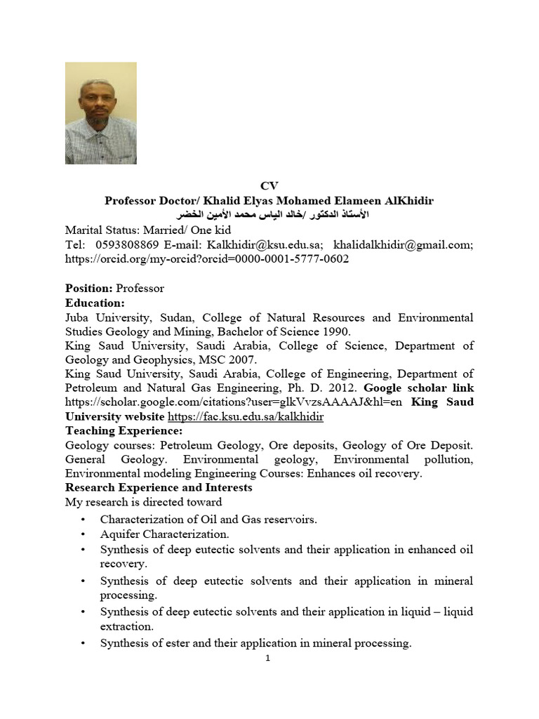 Khalid Elyas AlKhidir: CV & Research Focus | PDF | Petroleum Reservoir | Petroleum