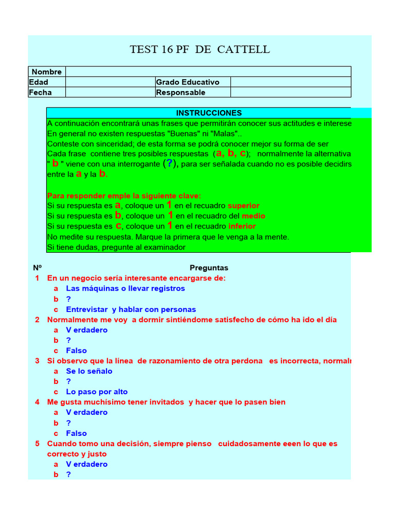 Test 16 PF de Cattell: Instrucciones y Preguntas | PDF | Relaciones ...