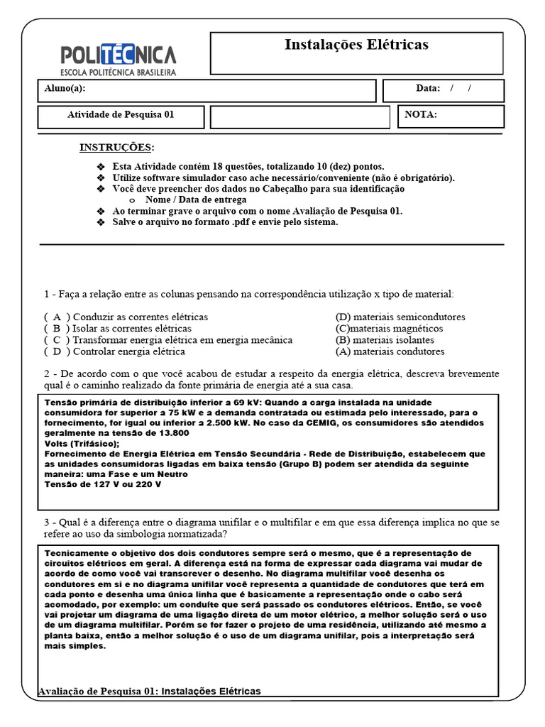 Atividade 01 | PDF | Eletricidade | Quantidades físicas Atividade 01 | PDF | Eletricidade | Quantidades físicas