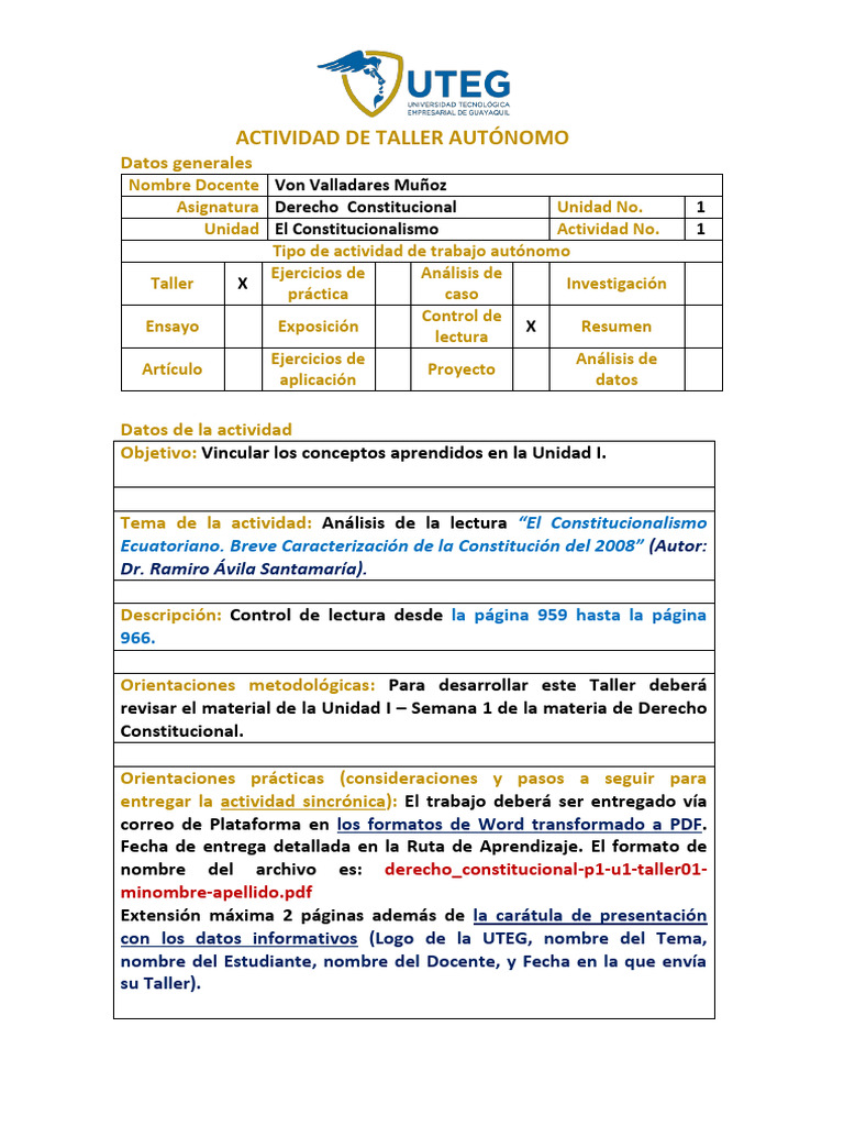 TALLER AUTONOMO 1-D-Derecho Constitucional-U1-Taller 1 | PDF | Arte ...