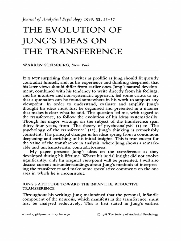 Warren Steinberg - The Evolution of Jung's Ideas On The Transference | PDF