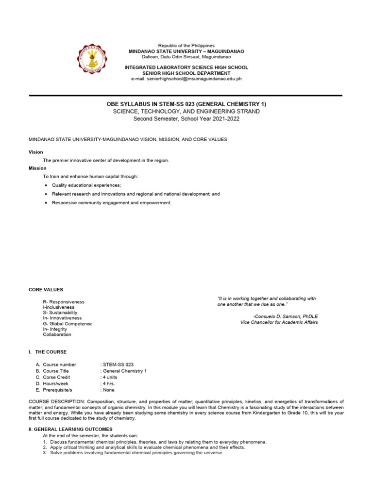 General Chemistry 1 Syllabus Overview | PDF | Science & Mathematics ...