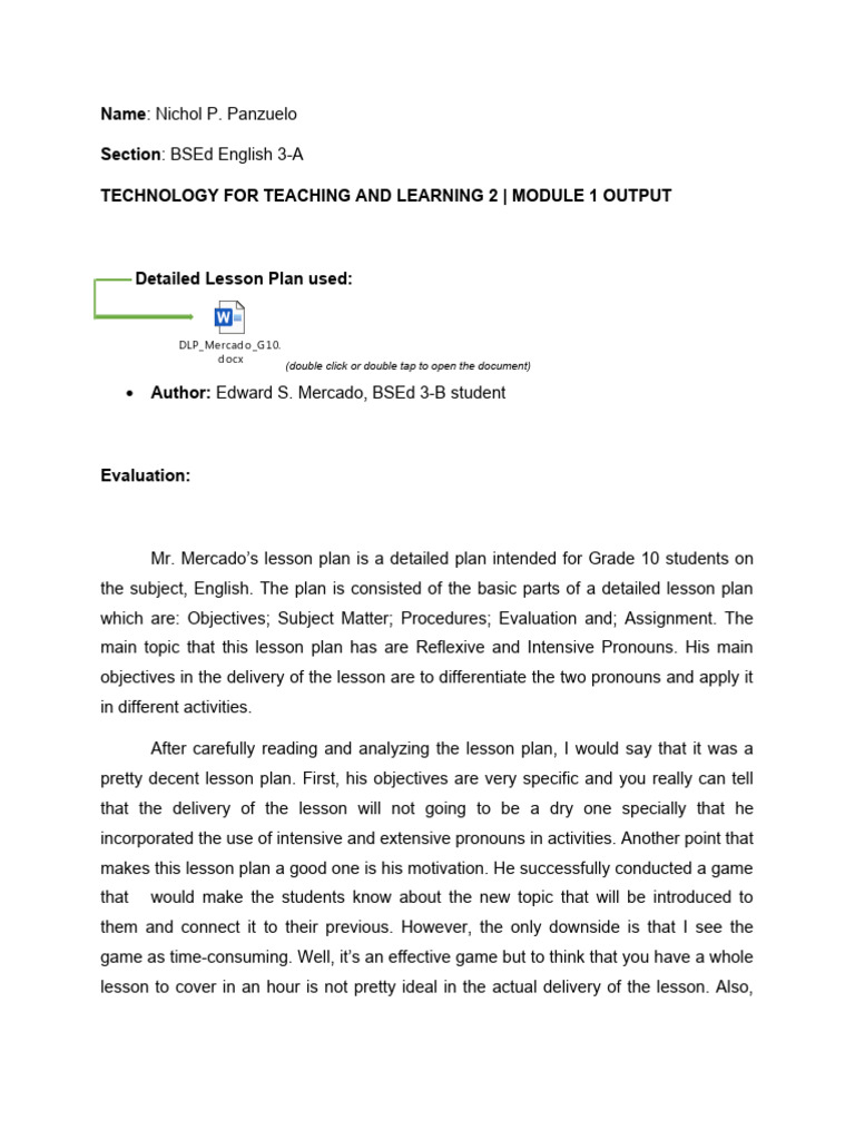 Evaluation of Grade 10 English Lesson Plan | PDF | Lesson Plan | Learning