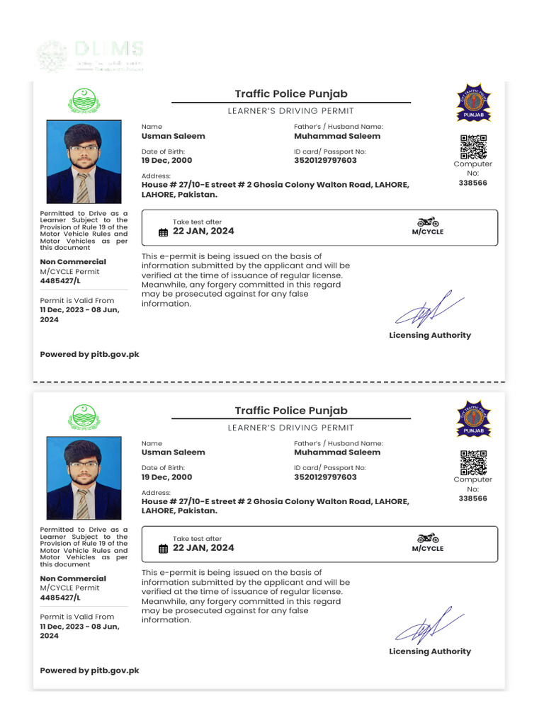 Dlims (Usman) | PDF | Identity Document | Land Transport