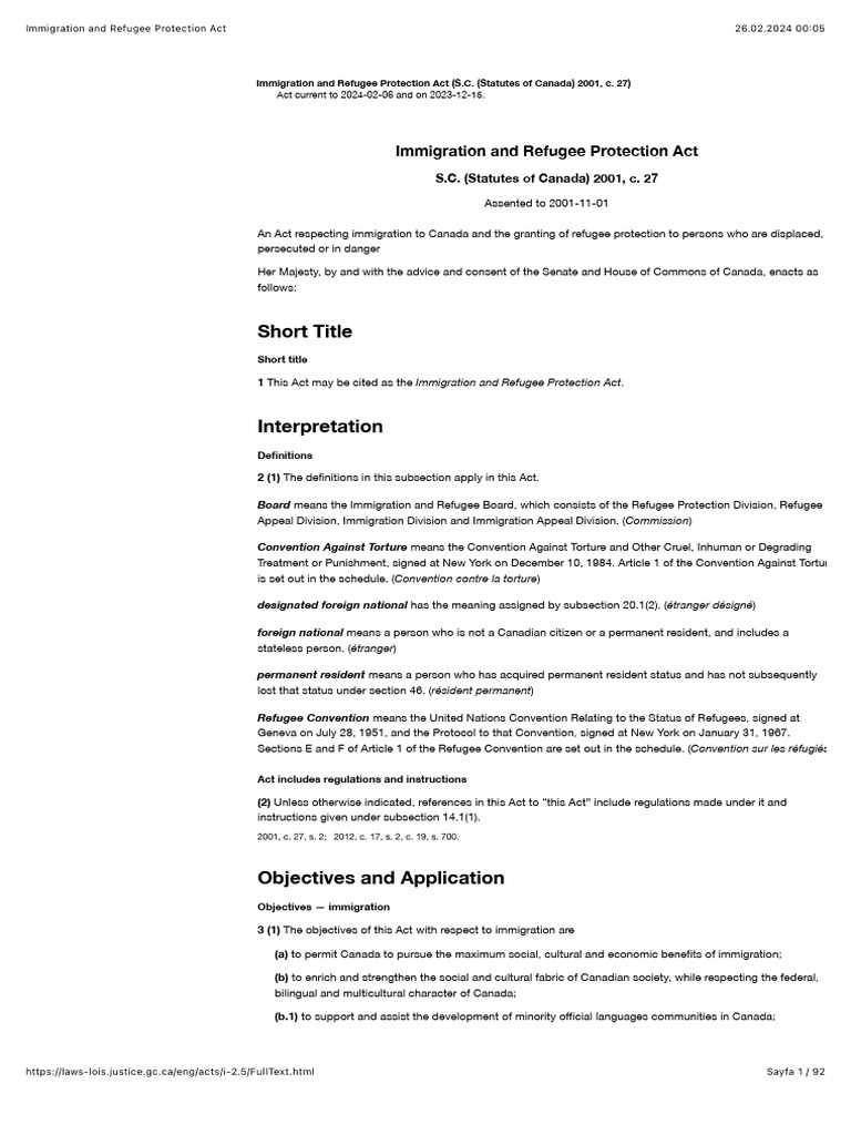 Canada Immigration & Refugee Act | PDF | Refugee | Justice