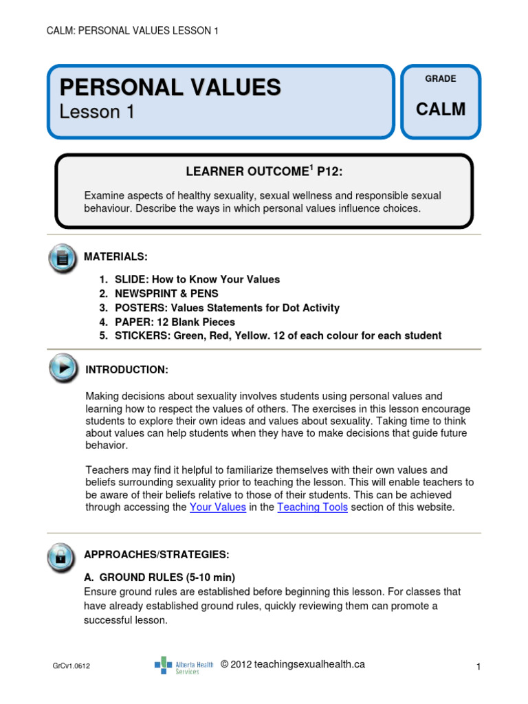 CALM Personal Values Lesson 1 | PDF | Sexual Intercourse | Behavior