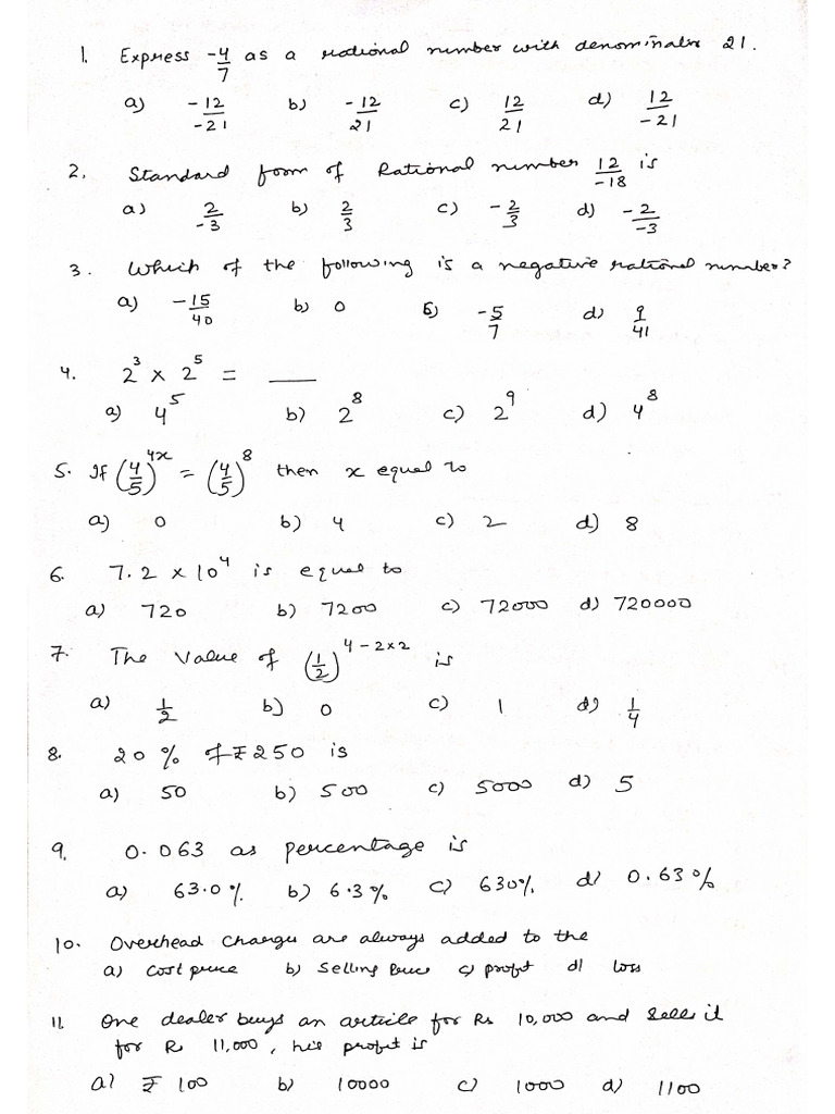 MCQs Class 7th Maths Term 2 | PDF