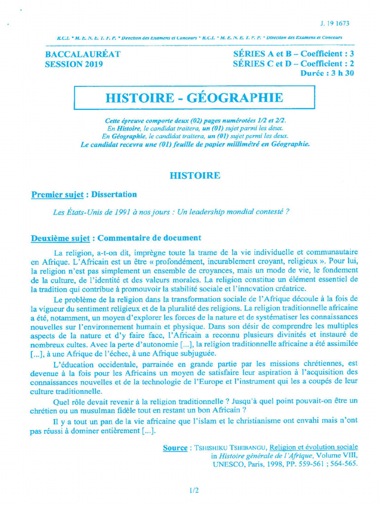 Bac A B C D Hist Geo 2019 | PDF