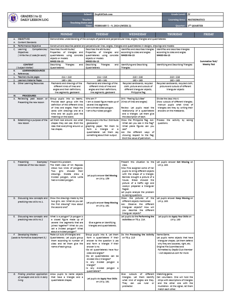 Grade 4 Math Lesson Plan: Shapes | PDF | Triangle | Shape