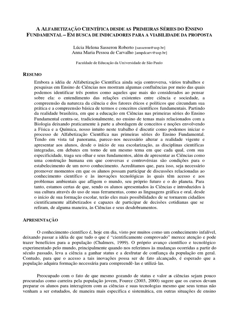 A Alfabetização Científica Desde As Primeiras Séries Do Ensino Fundam I ...