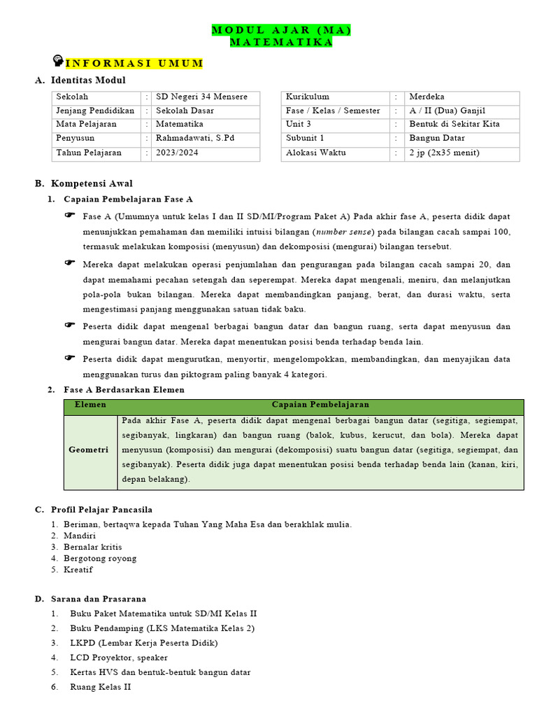 Modul Ajar MTK Kelas 2 Bentuk Benda Disekitar Kita | PDF | Karier & Perkembangan