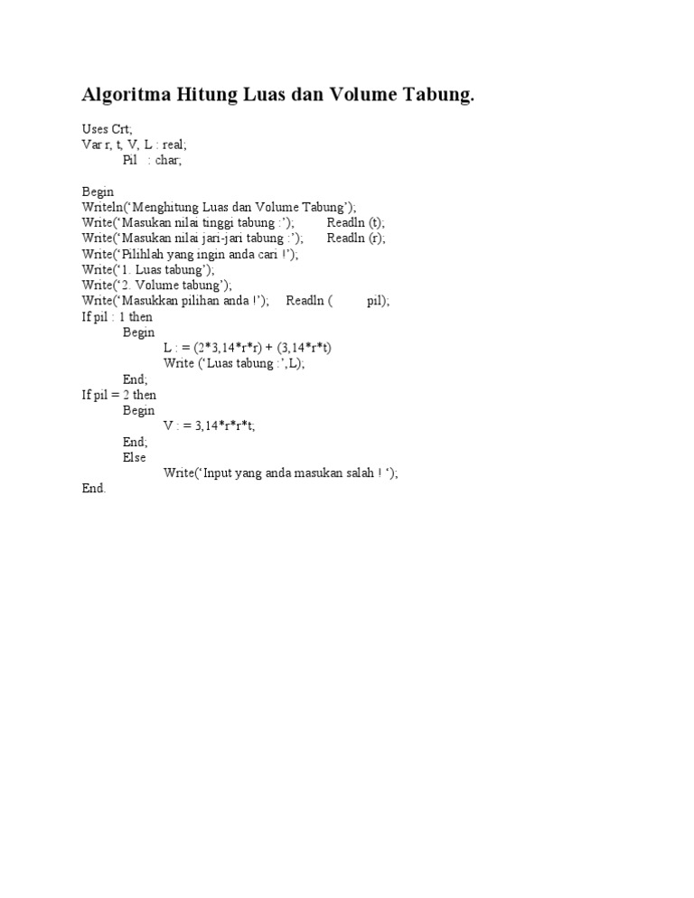 Algoritma Hitung Luas Dan Volume Tabung | PDF