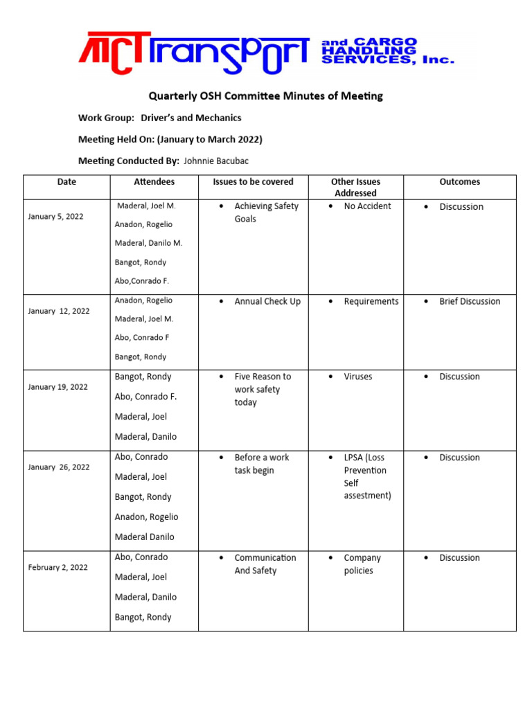 1st Quarterly OSH Committee Minutes of Meeting 2022 | Download Free PDF ...
