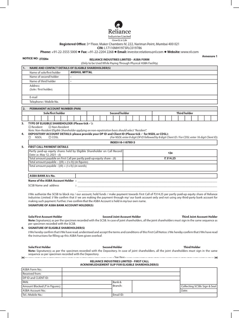 Reliance ASBA Form for Shareholders | PDF | Financial Services ...