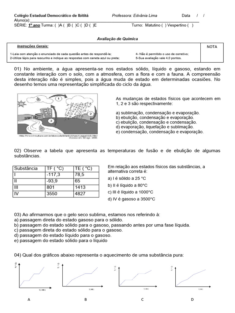 Teste Quimica 1 Ano Turma A Pdf