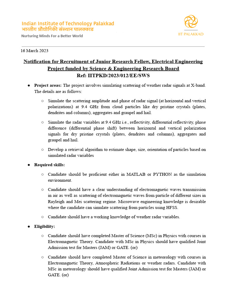 Junior Research Fellow Recruitment - IITPKD | PDF | Scattering | Radar