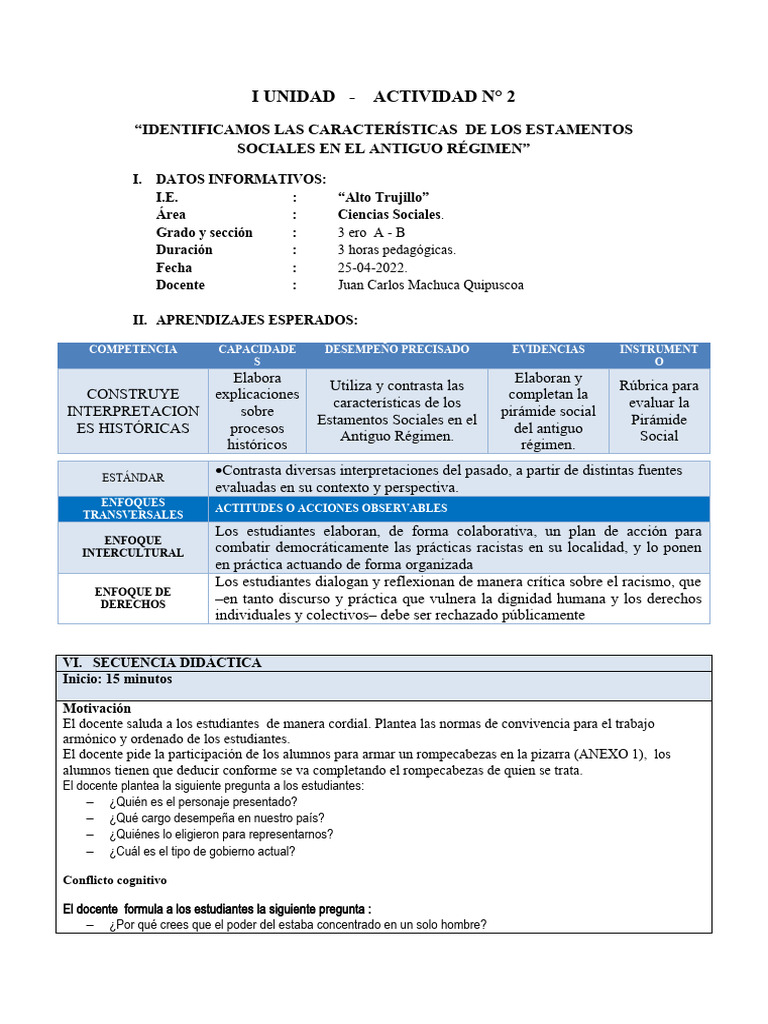 Identificamos Las Características de Los Estamentos Sociales en El ...
