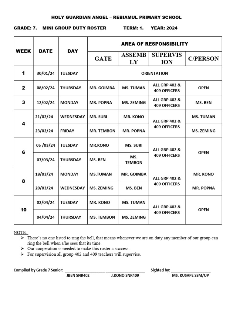 Grade.7. Mini Group Duty Roster 2024 | PDF