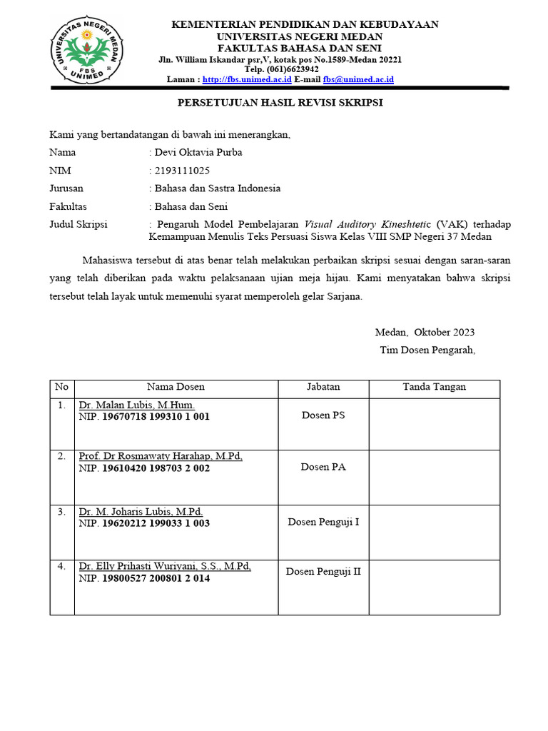 Persetujuan Revisi Skripsi Devi | PDF