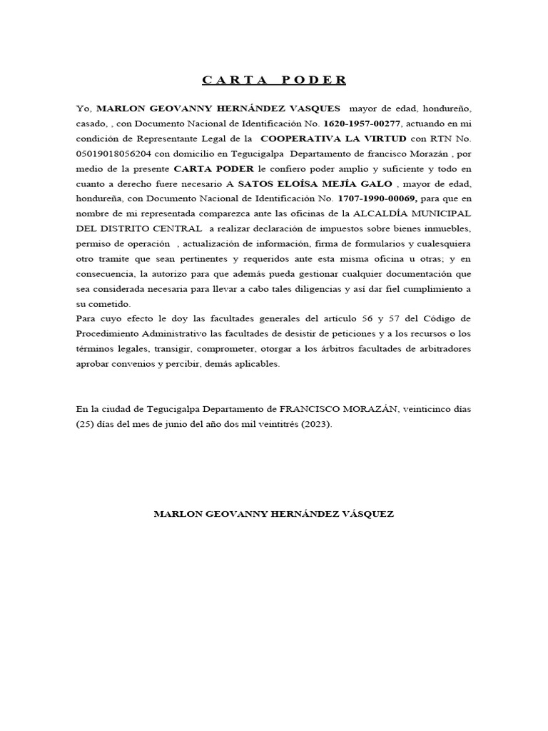 CARTA PODER Eloisa y Marlo | PDF | Honduras | Justicia