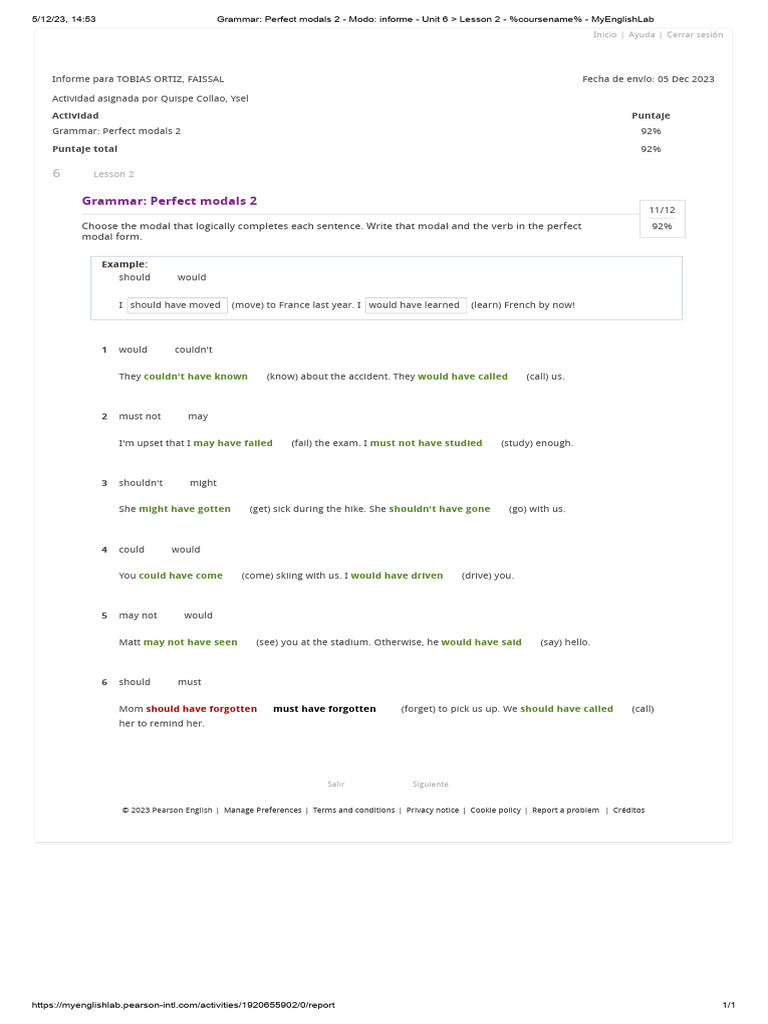 Grammar - Perfect Modals 2 - Modo - Informe - Unit 6 - Lesson 2 - MyEnglishLab | PDF | Semiotics ...