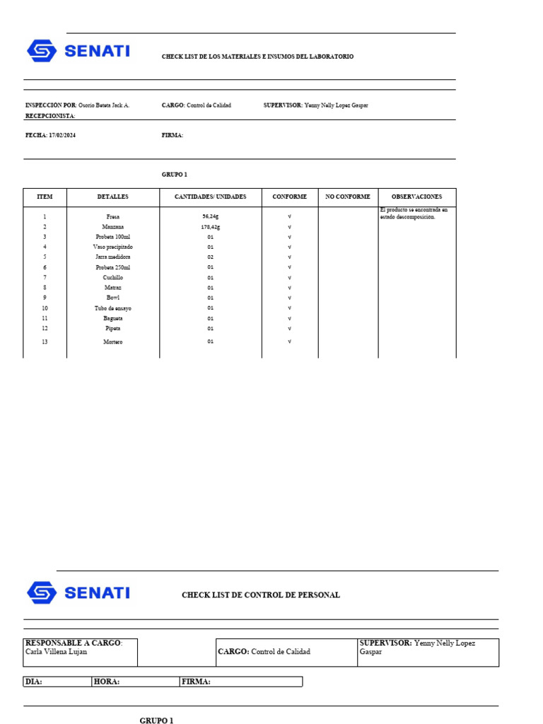 Check List de Insumos y Personal en Laboratorio | PDF