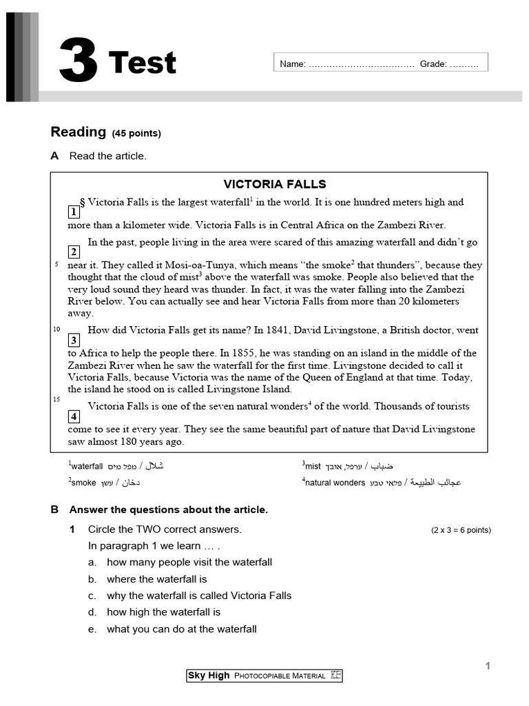 JH Tests Sky High WB Test U3a 6 | PDF | David Livingstone