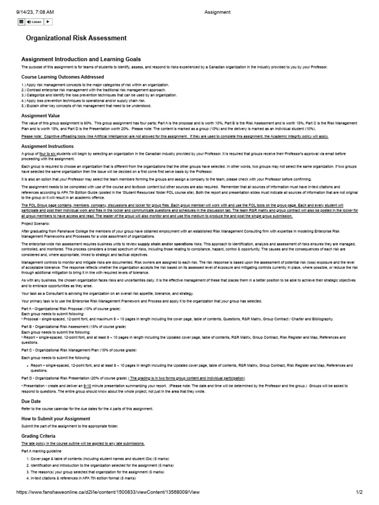 Organizational Risk Assignment - MGMT6083 Risk Assessment (Online ...