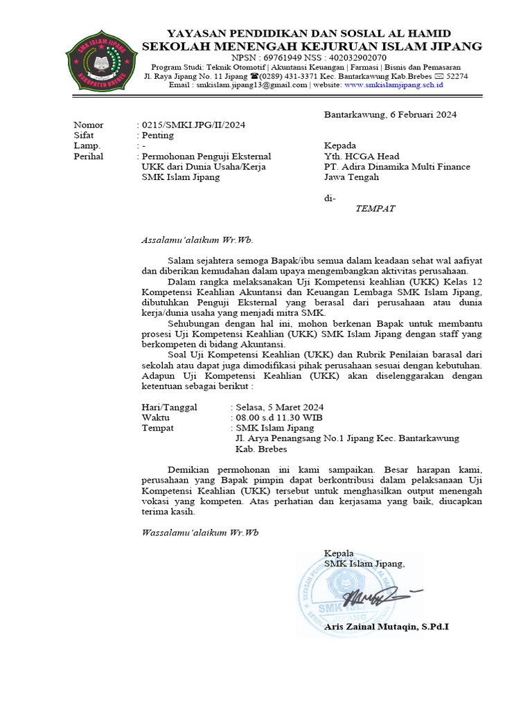 Surat Permohonan Penguji (Eksternal) Ukk Akuntansi Ta 2023-2024 | PDF